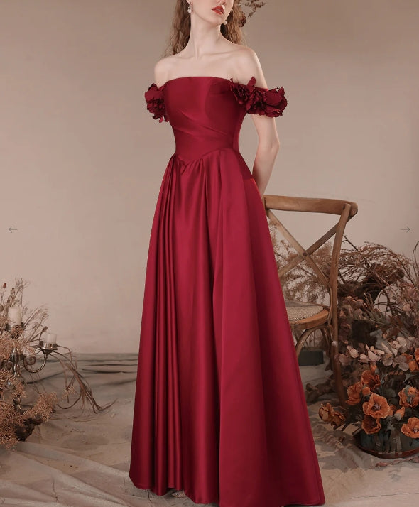 Burgundy A-Line Off Shoulder Satin Long Prom Dress Burgundy Formal Pro ...