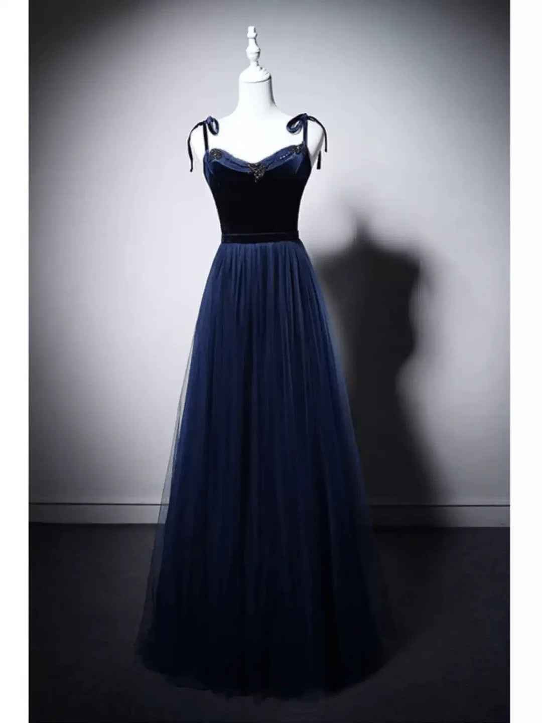 Navy Blue Velvet Evening Gown with Tulle Navy Off-Shoulder Dress with ...